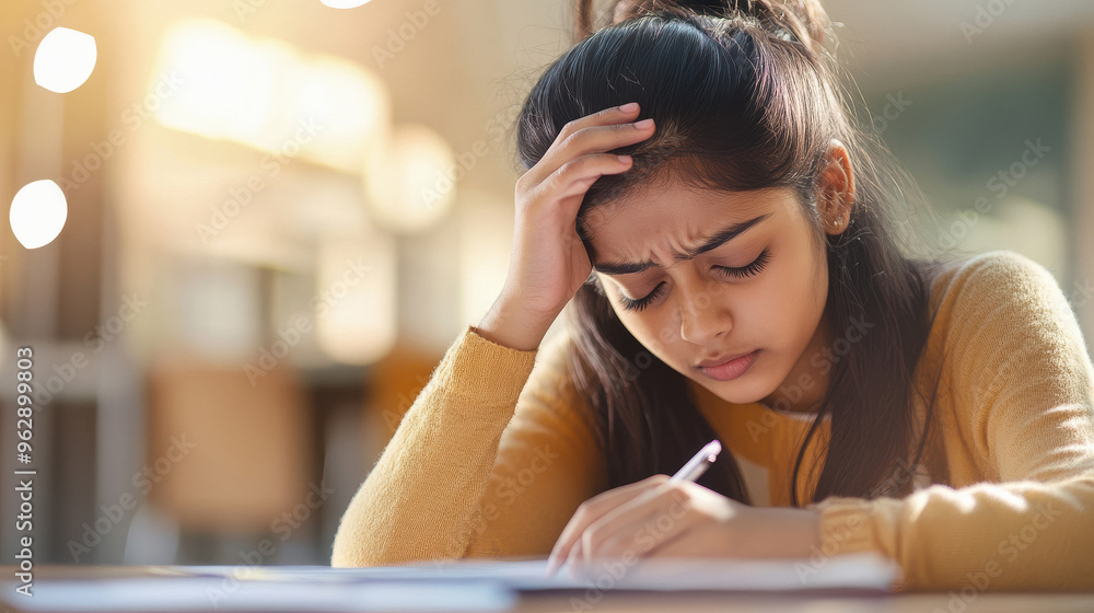 indian junior high school girl with one hand propped up on her head is ...