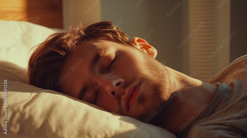 A young man peacefully sleeping on a pillow. The warm sunlight gently ...