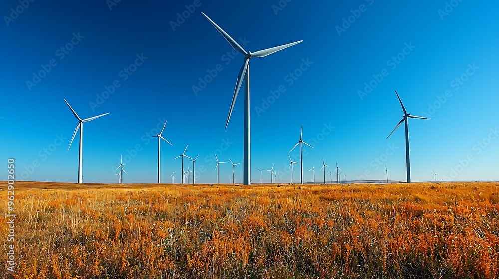Tall grass sways around wind turbines in a field, blending the quiet ...