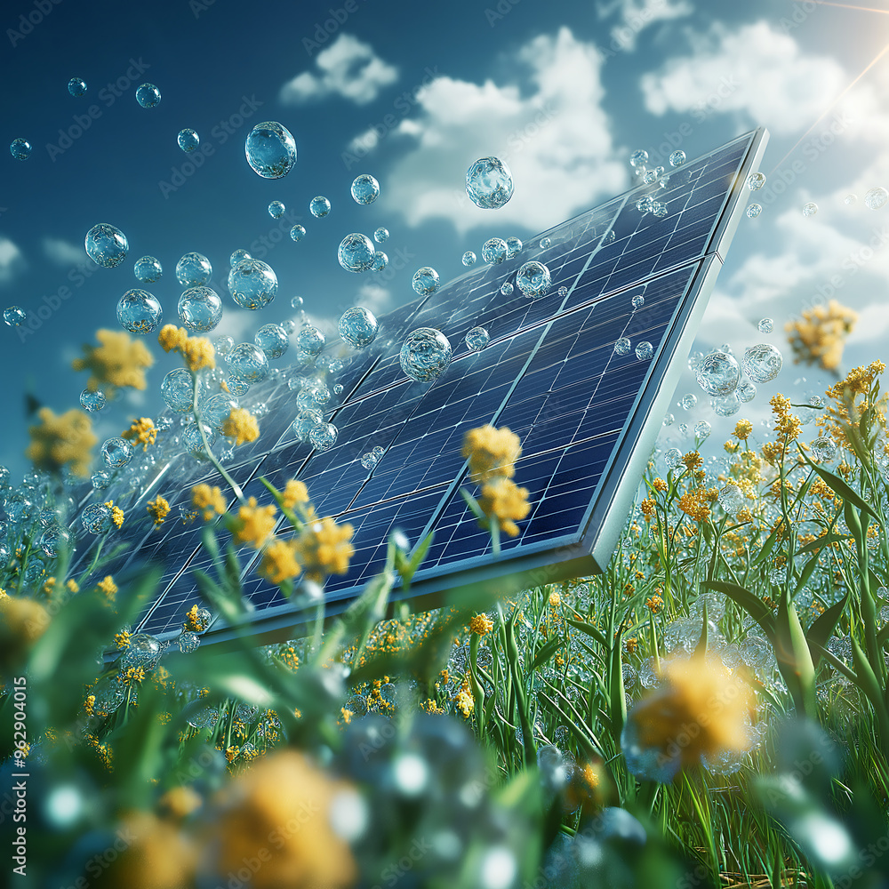 Solar panel in blooming field with water droplets, renewable energy ...