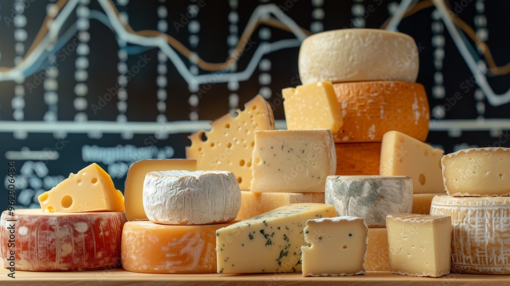 An array of gourmet cheese varieties showcased in front of an economic ...