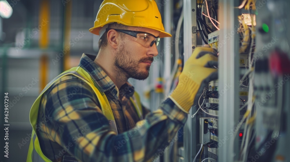 An electrician in a hard hat and safety vest is deeply engaged in ...