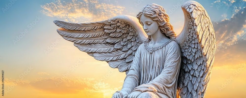 A colossal statue of an angel with wings spread wide, bathed in the ...