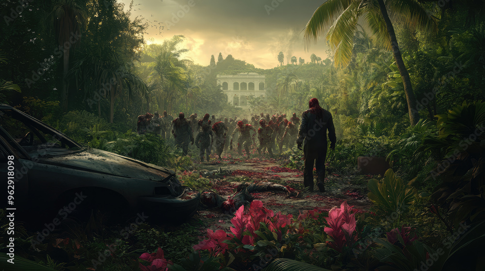 A horde of zombies overrunning a peaceful botanical garden, with undead ...