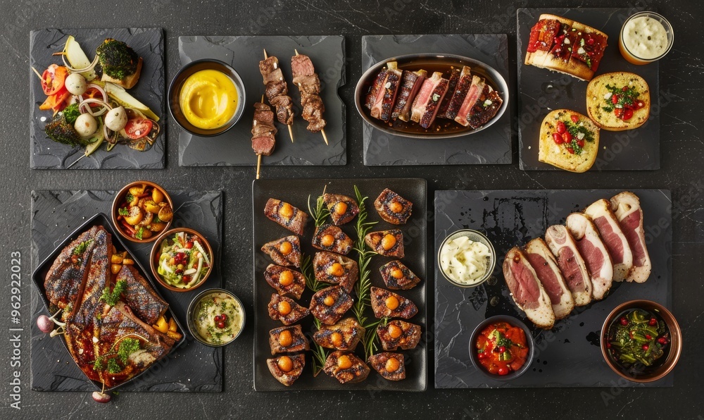 top-down view of various steaks and lamb kebabs arranged on black slate ...