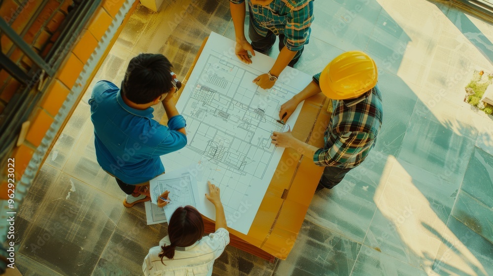 Four people examine architectural blueprints on a sunny terrace ...