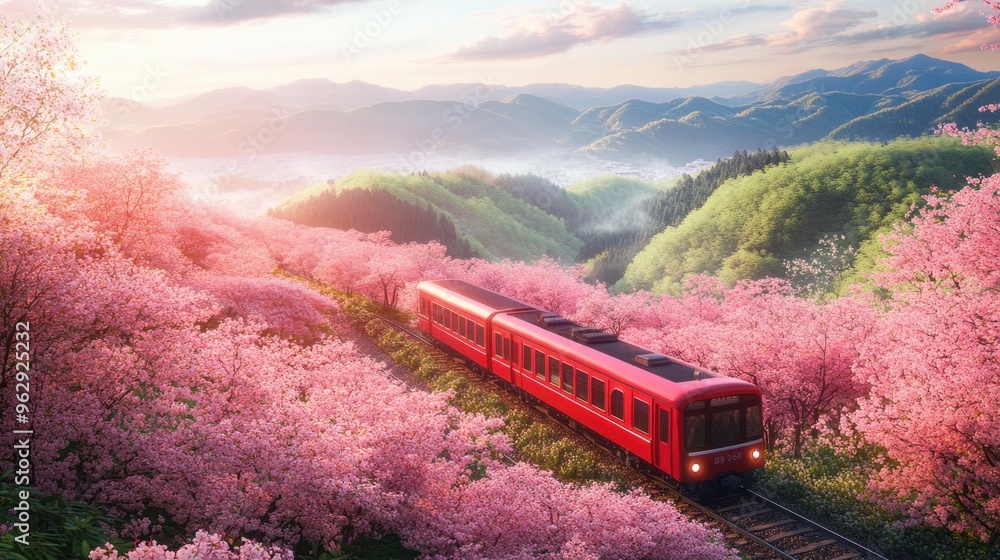 Cherry blossom with Red train in spring in Japan or Korea is the ...