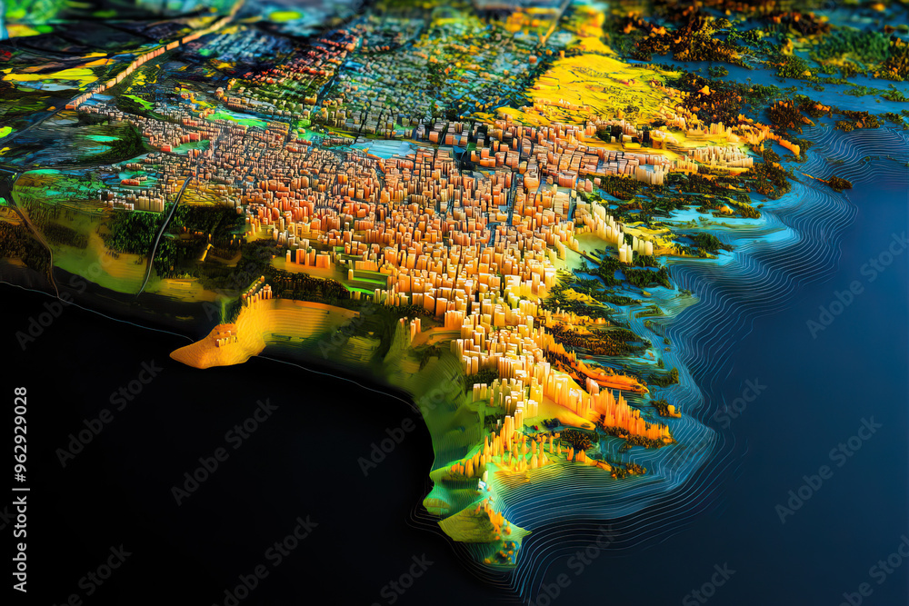 Technical aerial visual, 3D LiDAR GIS aerial map satellite scan model ...