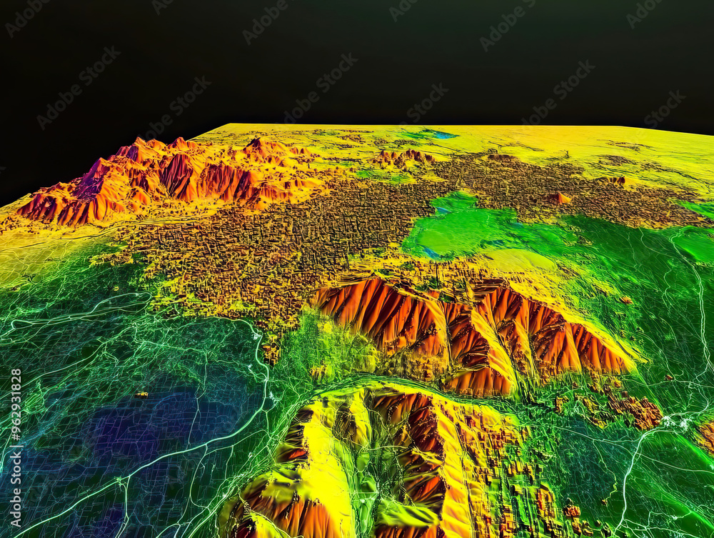 Technical aerial visual, 3D LiDAR GIS aerial map satellite scan model ...