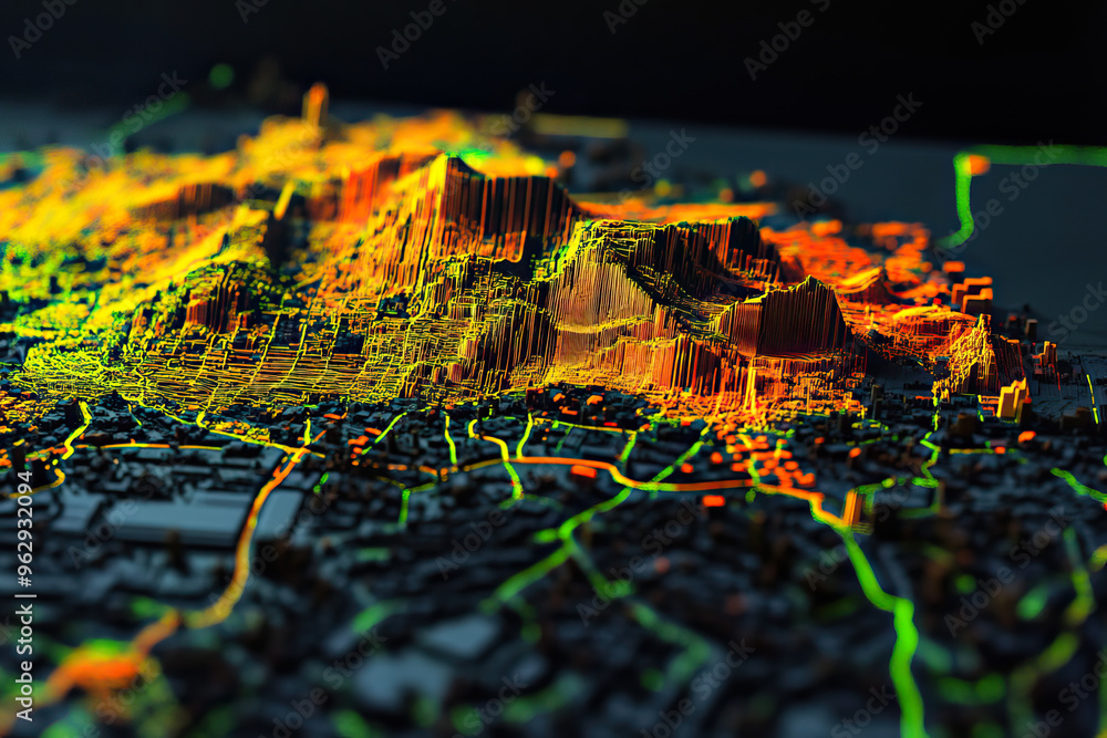 Technical aerial visual, 3D LiDAR GIS aerial map satellite scan model ...