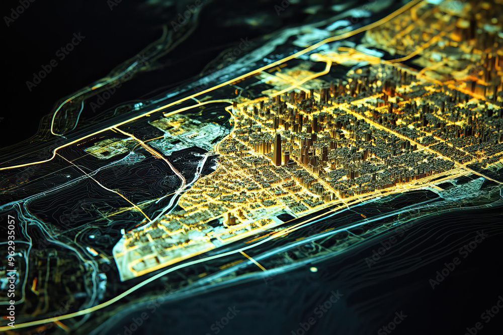 Technical aerial visual, 3D LiDAR GIS aerial map satellite scan model ...