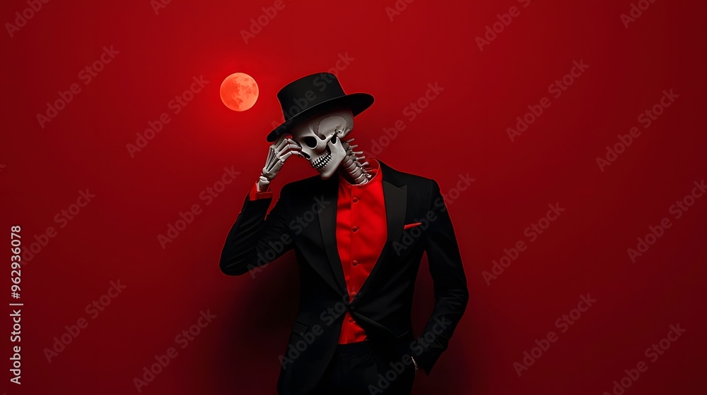 A skeletal ringmaster poses dramatically, wearing a black suit and red ...