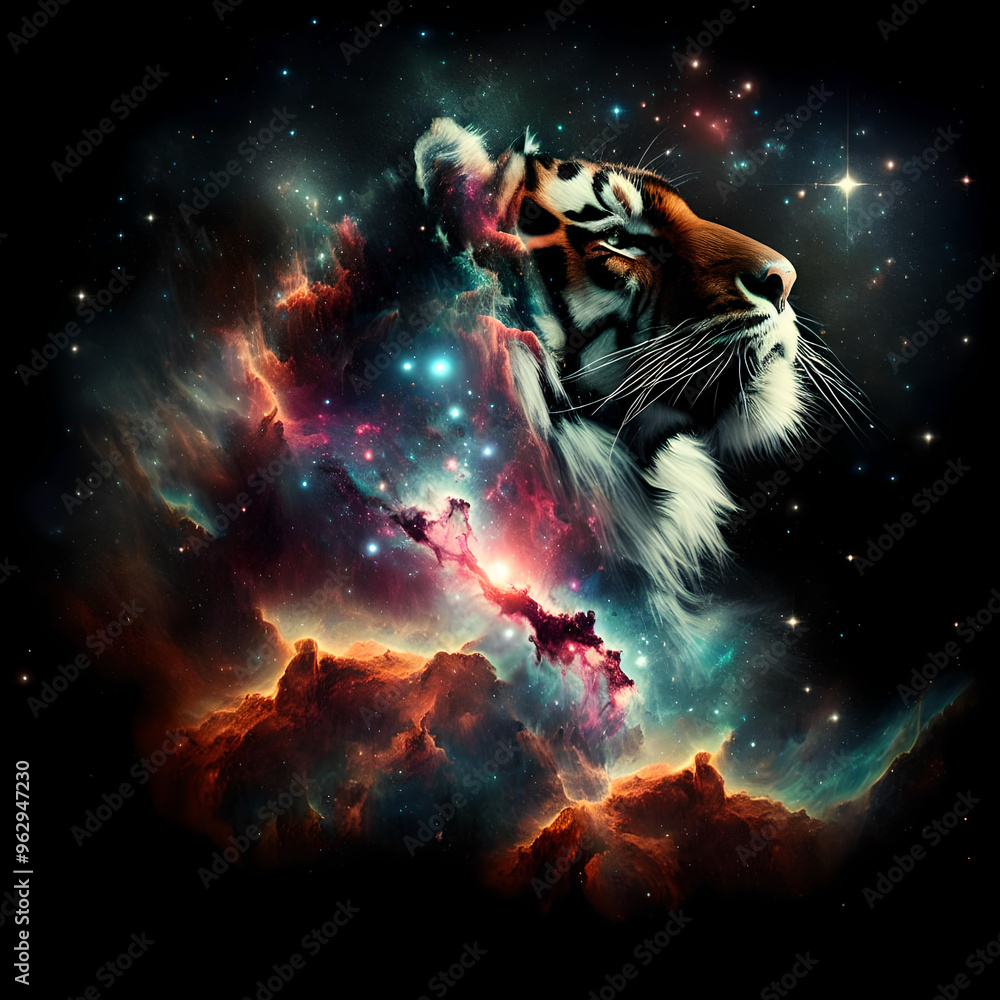 Tiger head over colourful nebulas and starry night sky. Concept of a ...