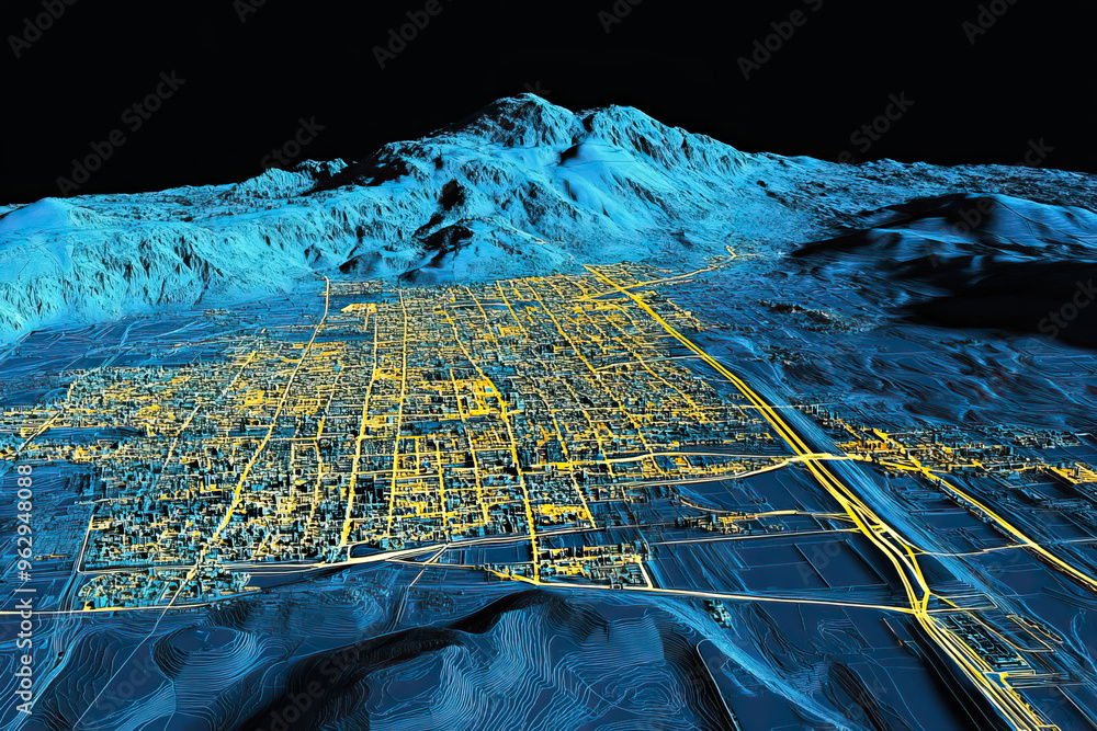 Technical aerial visual, 3D LiDAR GIS aerial map satellite scan model ...