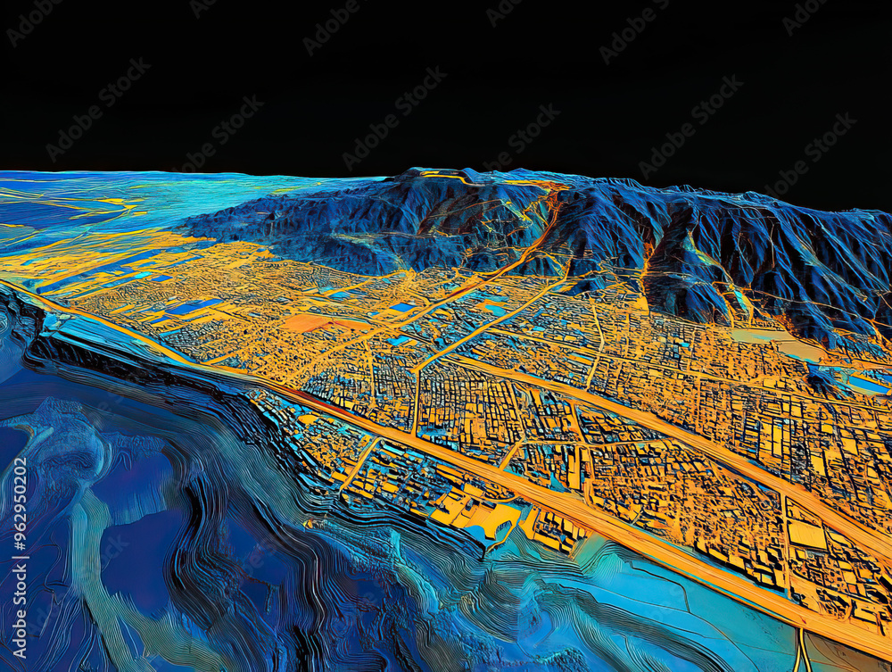 Technical aerial visual, 3D LiDAR GIS aerial map satellite scan model ...
