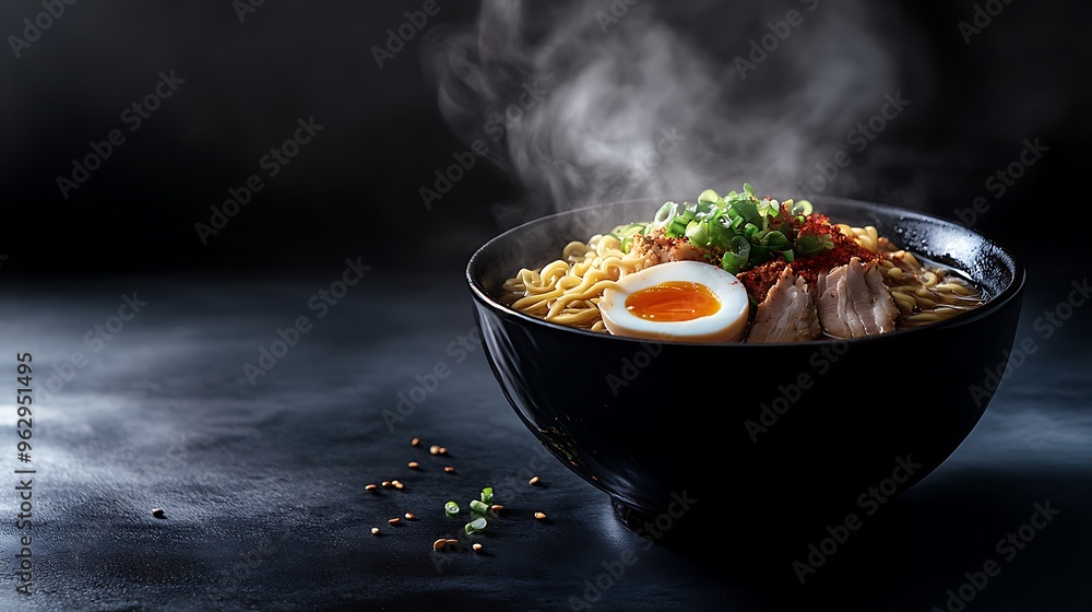 A high-definition image of a traditional Japanese ramen bowl, filled ...