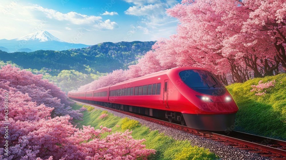 Cherry blossom with Red train in spring in Japan or Korea is the ...