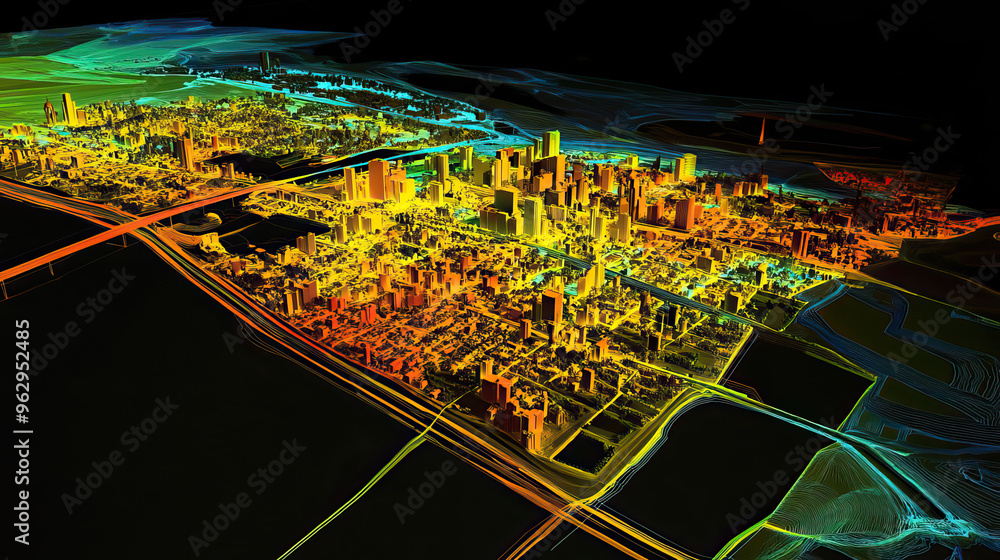 Technical Aerial Visual 3d Lidar Gis Aerial Map Satellite Scan Model Isolated Showing Asuncin