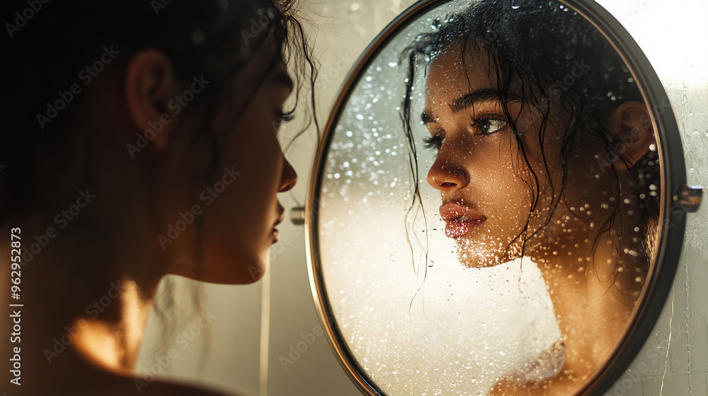 A woman looks into a round mirror with drops of water, her reflection ...