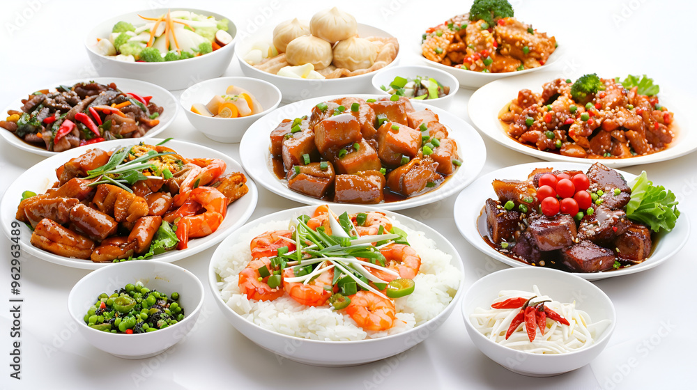 Authentic Top View of a Chinese Food Spread on White Background ...