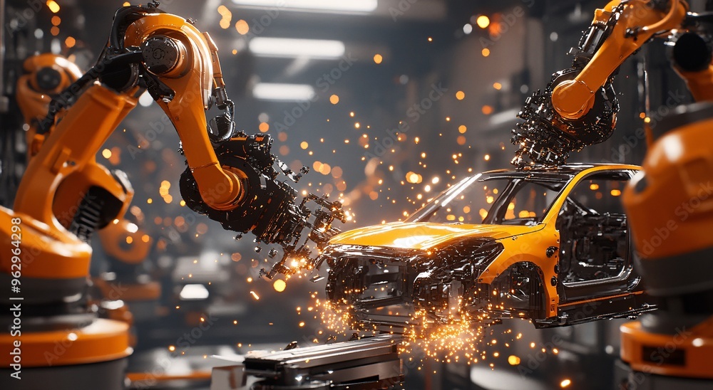 Robotic arms assembling a bright orange car in a modern automotive ...