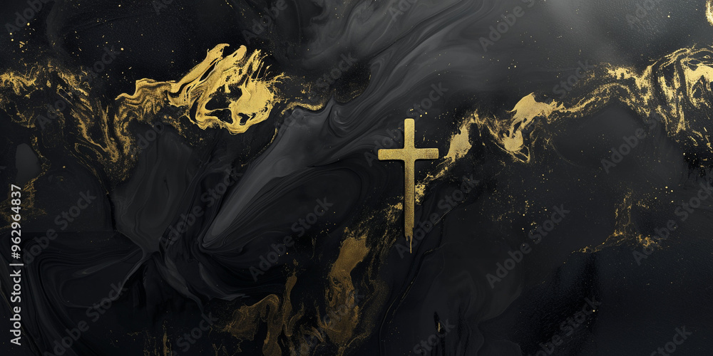Abstract Christian background with golden cross and black and gold ...