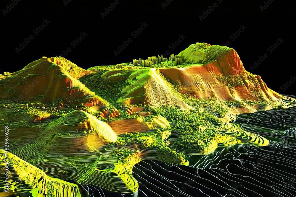 Technical aerial visual, 3D LiDAR GIS aerial map satellite scan model ...