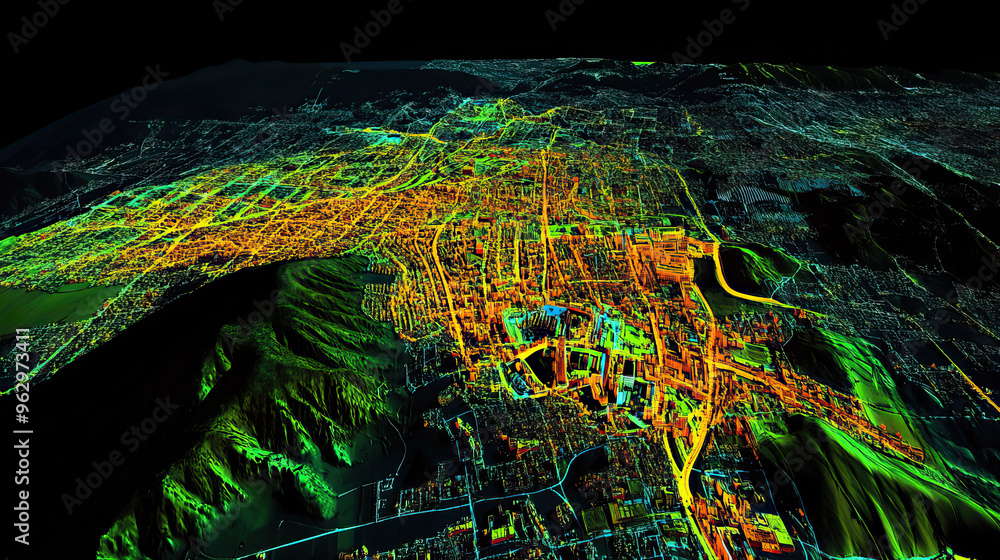 Technical aerial visual, 3D LiDAR GIS aerial map satellite scan model ...