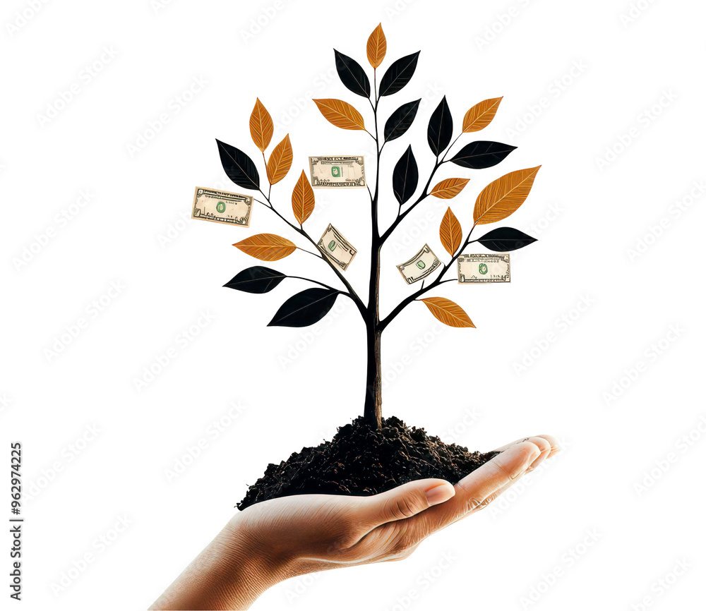 Hand nurturing a growing money tree, symbolizing financial growth and ...