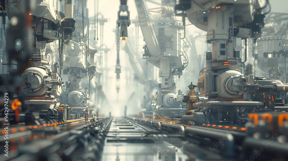 A dystopian factory with robotic workers and oppre, Dystopian factory ...