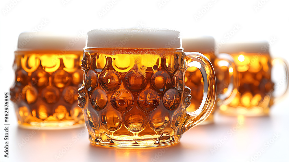 four frosty beer mugs with amber liquid inside, illuminated from behind ...