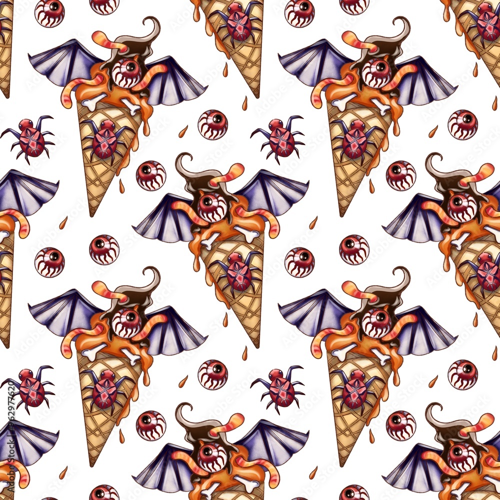 Seamless pattern autumn October Halloween fall scary horror ice cream ...