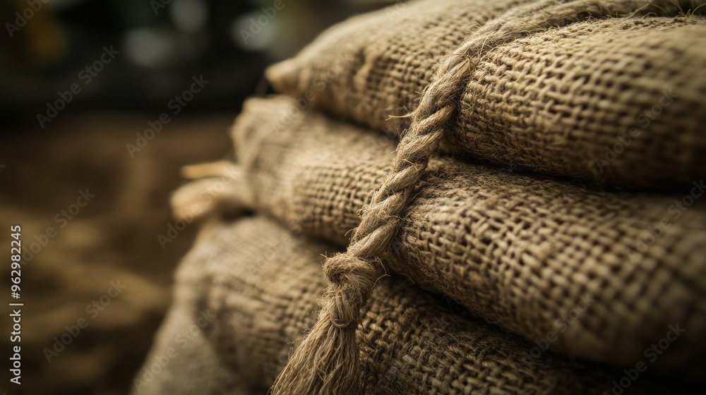 Zoomed-in texture of a burlap sack with visible coarse fibers and ...