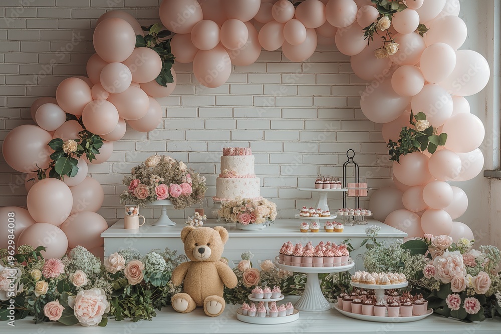 Elegant baby shower cake table with pastel decorations. A sophisticated ...