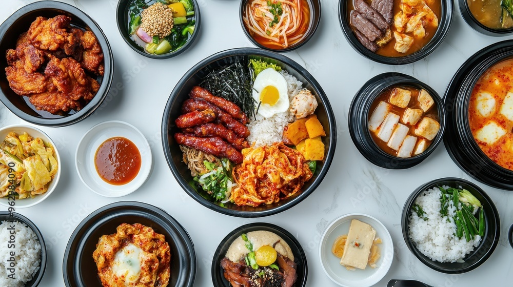 Korean foods served on a dining table with Tteokbokki,Pork,tofu and kimchi soup pot,Kimbap ...