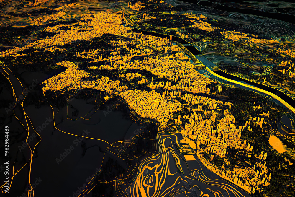 ภาพประกอบสต็อก Technical aerial visual, 3D LiDAR GIS aerial map ...