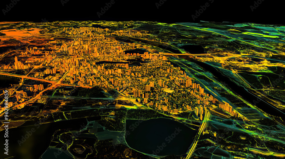 Technical aerial visual, 3D LiDAR GIS aerial map satellite scan model ...