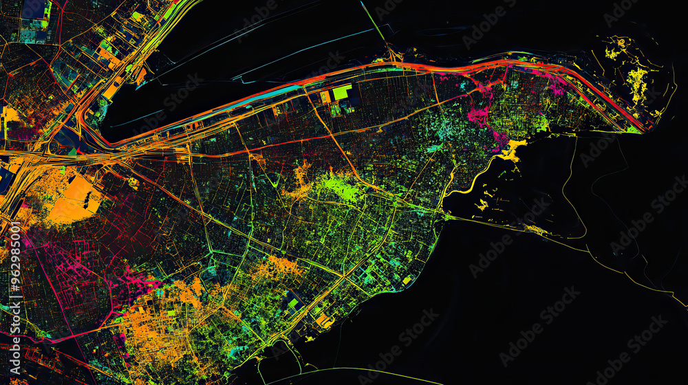 Technical aerial visual, 3D LiDAR GIS aerial map satellite scan model ...