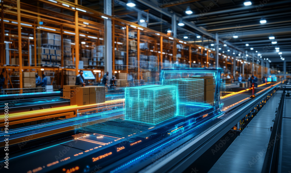 Futuristic Distribution Hub,glowing digital hologram depicting boxes on ...