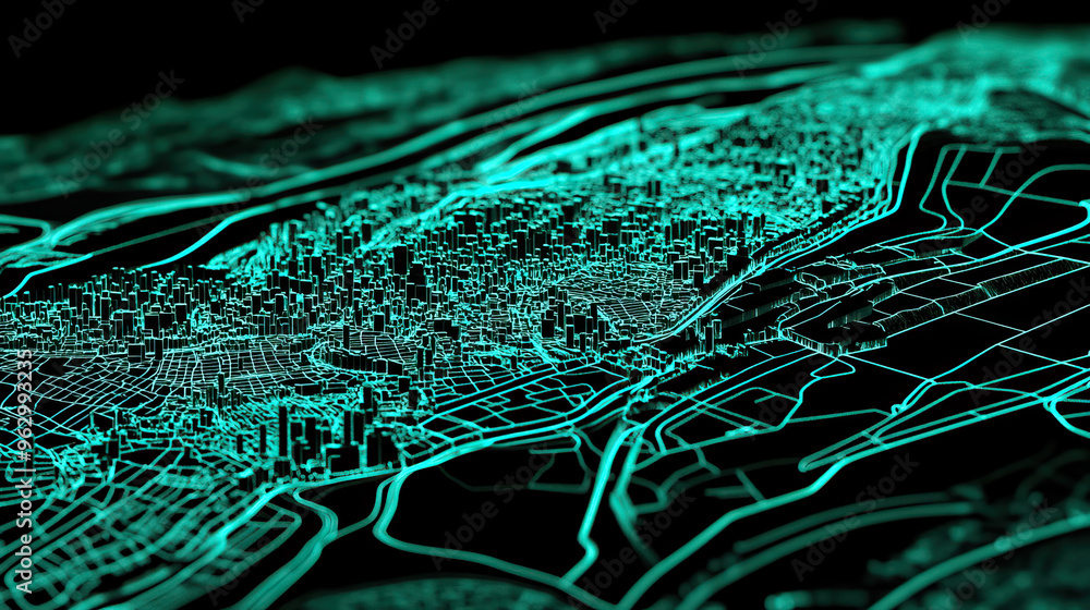 Technical aerial visual, 3D LiDAR GIS aerial map satellite scan model ...