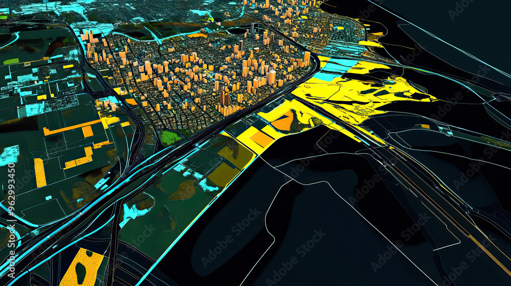 Technical aerial visual, 3D LiDAR GIS aerial map satellite scan model ...