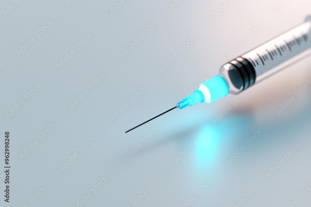 Close-up of a syringe injecting a glowing blue vaccine into a ...