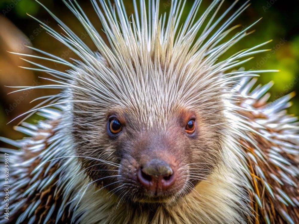 The crested porcupine's quills stand tall, like a fiery halo, as it ...