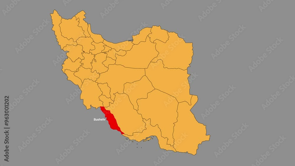 Bushehr map animated video. Map Highlighted on the Iran map with ...