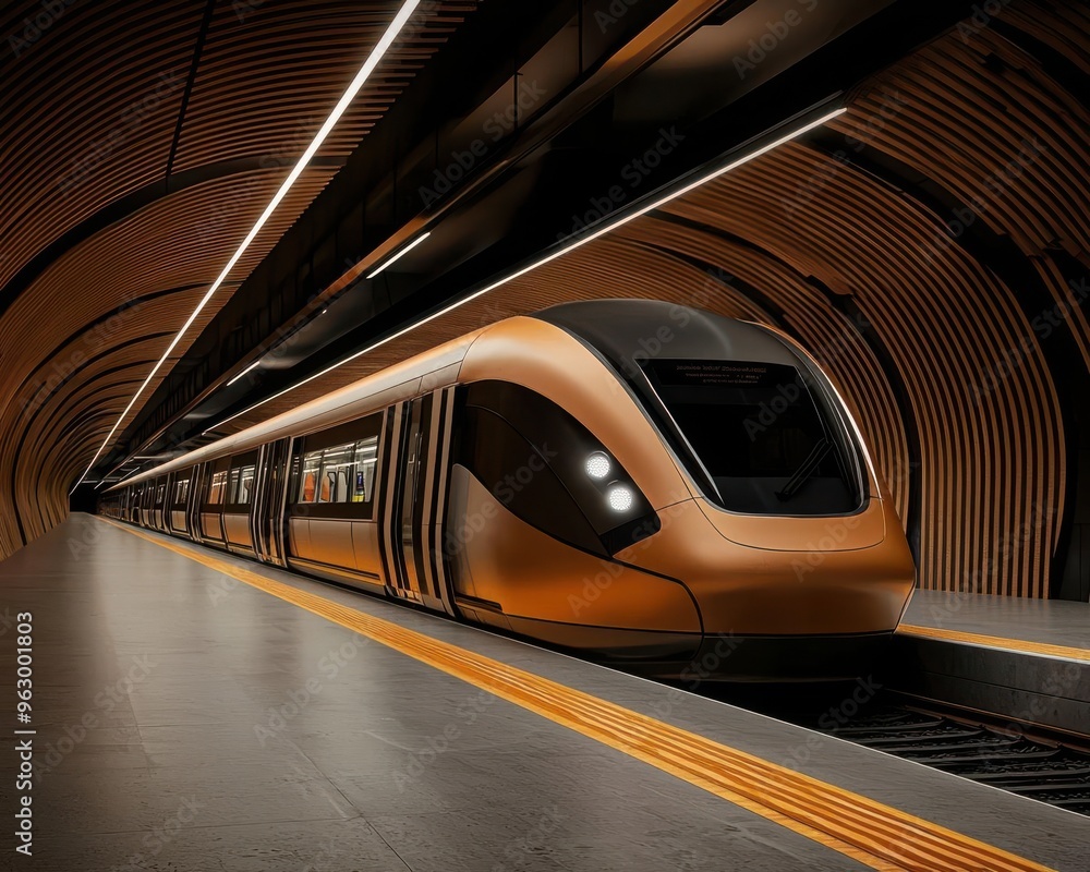 Futuristic train station with curved architecture and high-speed trains ...