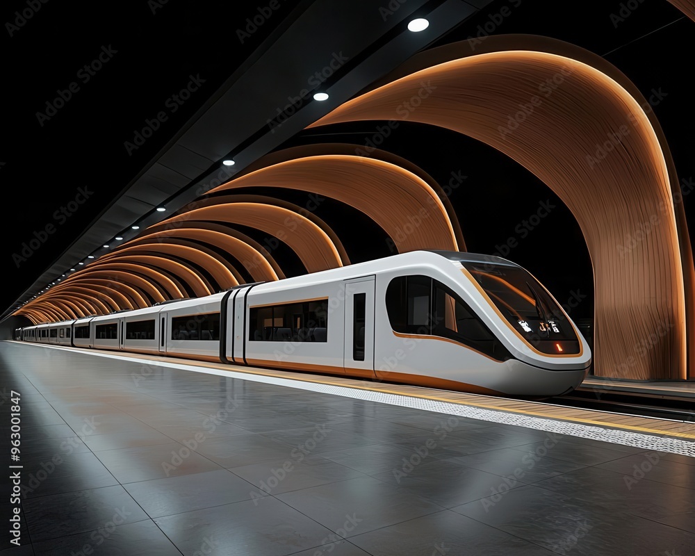 Futuristic train station with curved architecture and high-speed trains ...