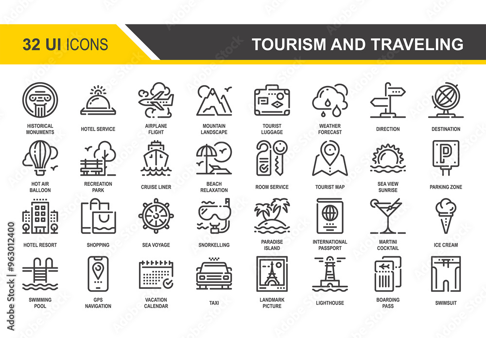 Vector set of tourism and traveling flat line web icons. Each icon with ...
