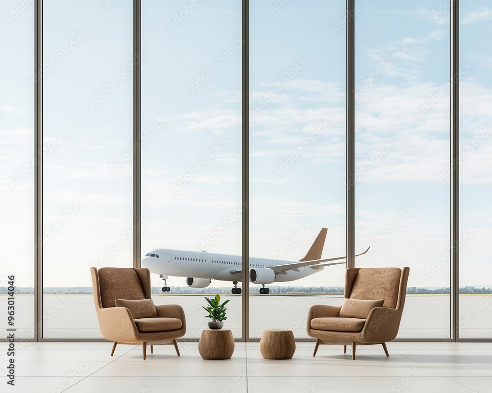 High-end airport gateway with comfortable lounge chairs and a plane ...