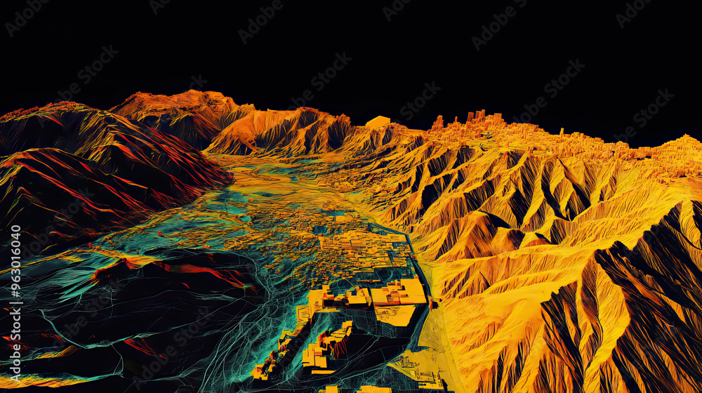 Technical aerial visual, 3D LiDAR GIS aerial map satellite scan model ...