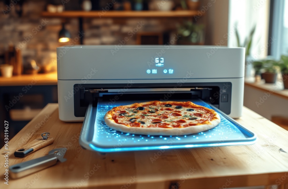 A futuristic pizza printer with a holographic display, displayed on an ...